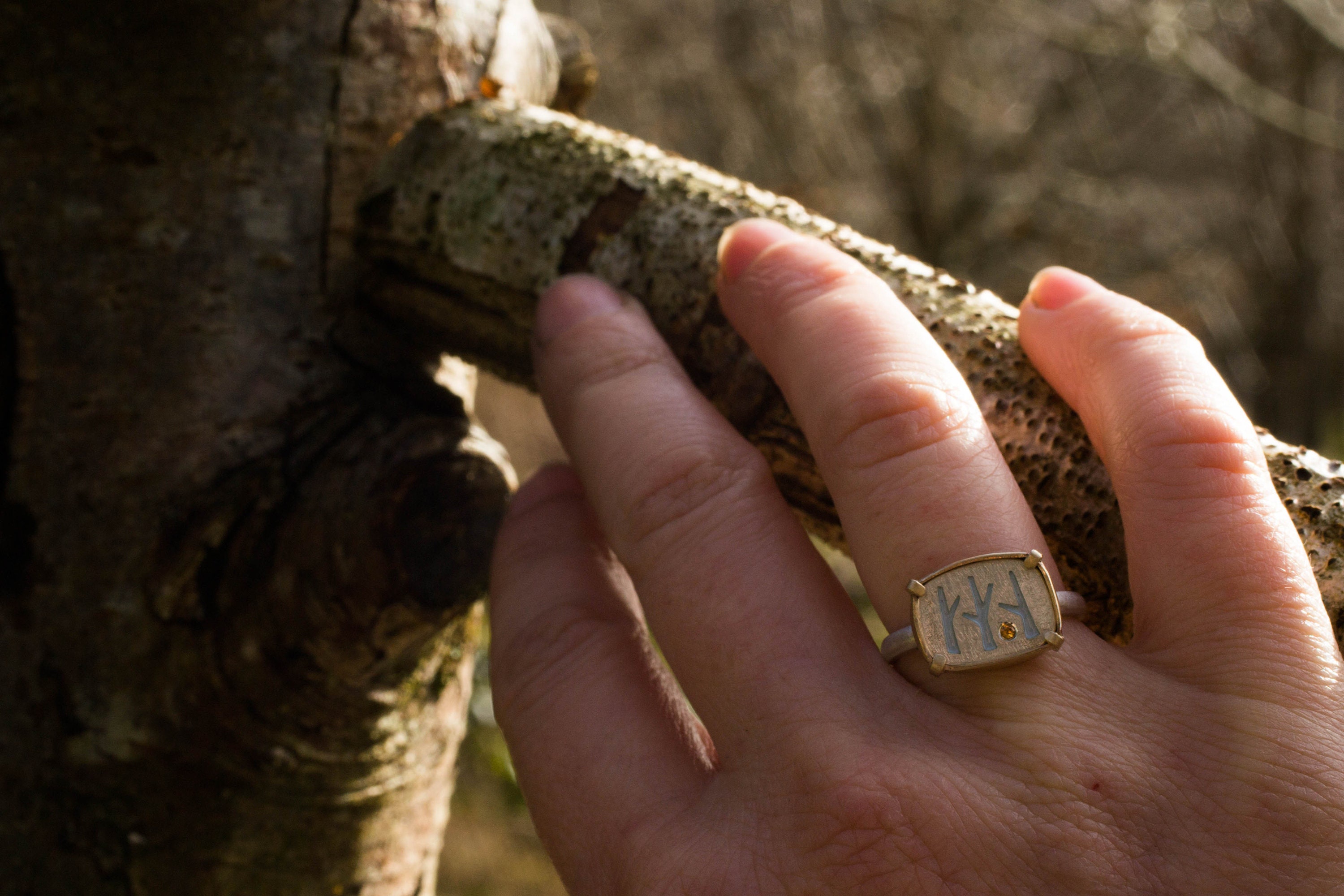 Birch tree ring handmade silver and gold enamel ring with | Etsy