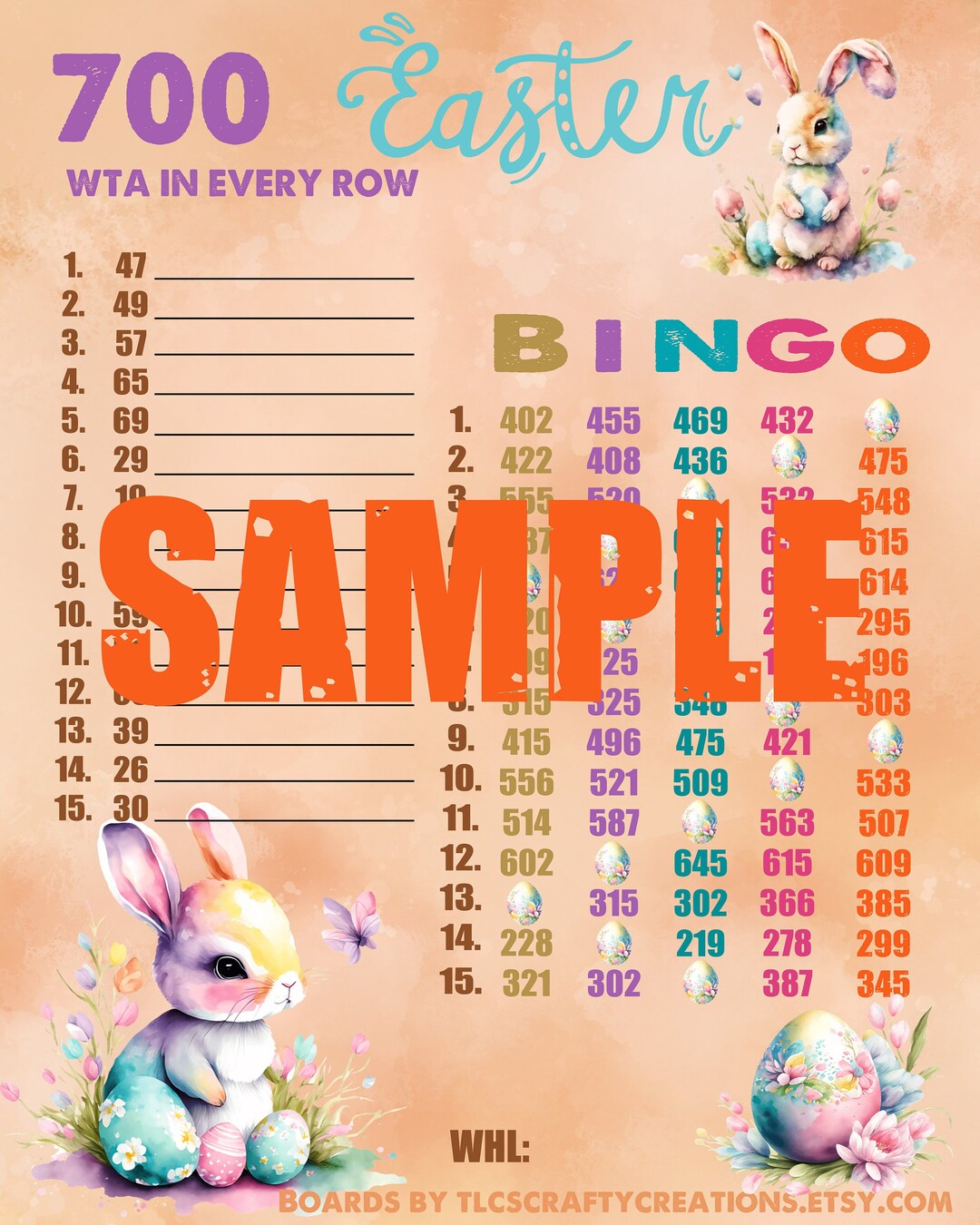 BNO 700 WTA Bingo Board Easter and Easter Bunnies Theme 15 Player 1 ...