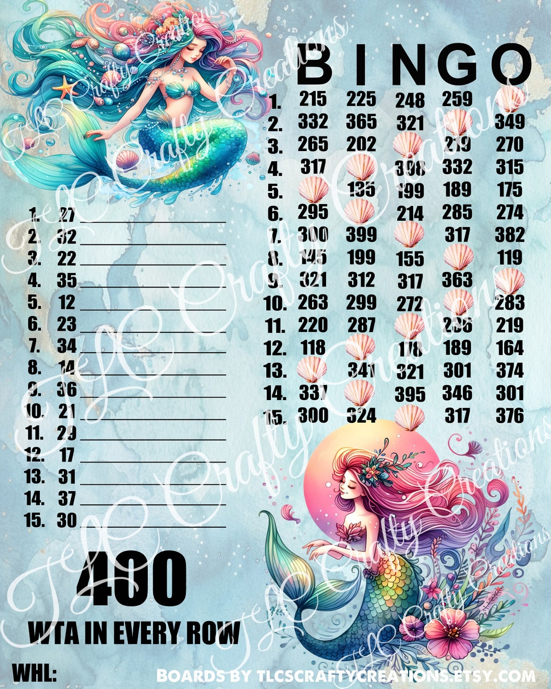 BNO 400 WTA Bingo Board MERMAID Fantasy 15 Player 1 Jpeg - Etsy