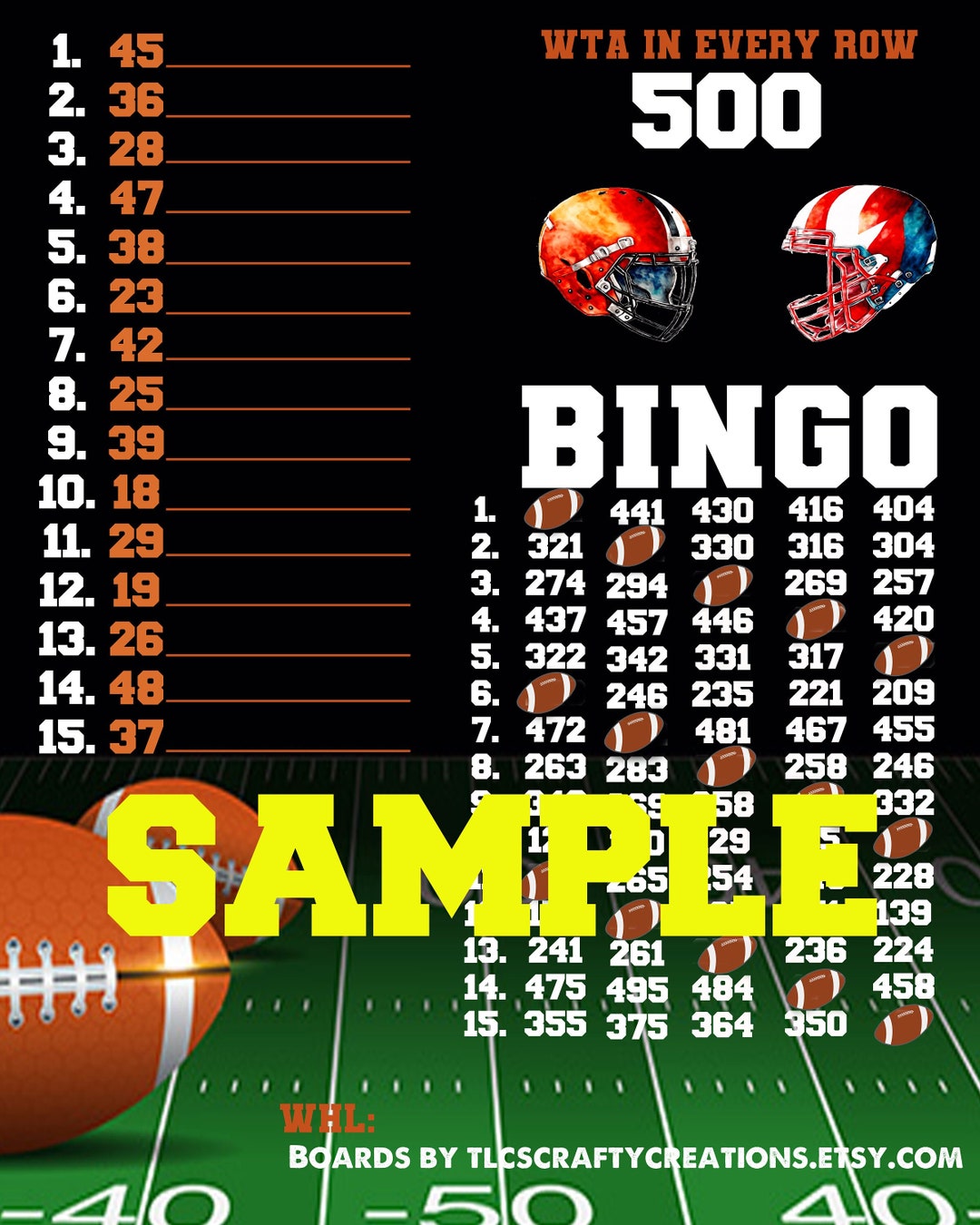 BNO 500 WTA Bingo Board Football Theme 15 Player 1 Jpeg - Etsy