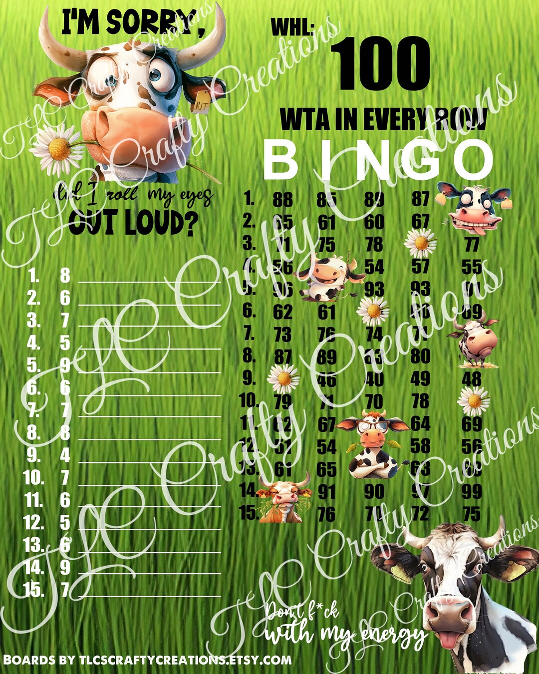 BNO 100 WTA Bingo Board Funny Cows 15 Player 1 Jpeg - Etsy