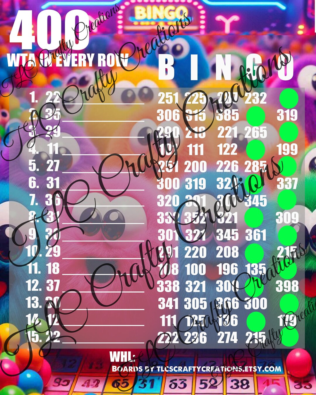 BNO 400 WTA Bingo Board Fuzzy Balls 15 Player 1 Jpeg - Etsy
