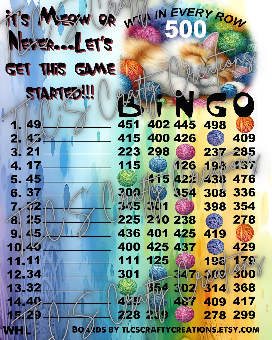 BNO 500 WTA Bingo Board Colorful Cat it's Meow or Never BNO 15 Player 1 Jpeg - Etsy