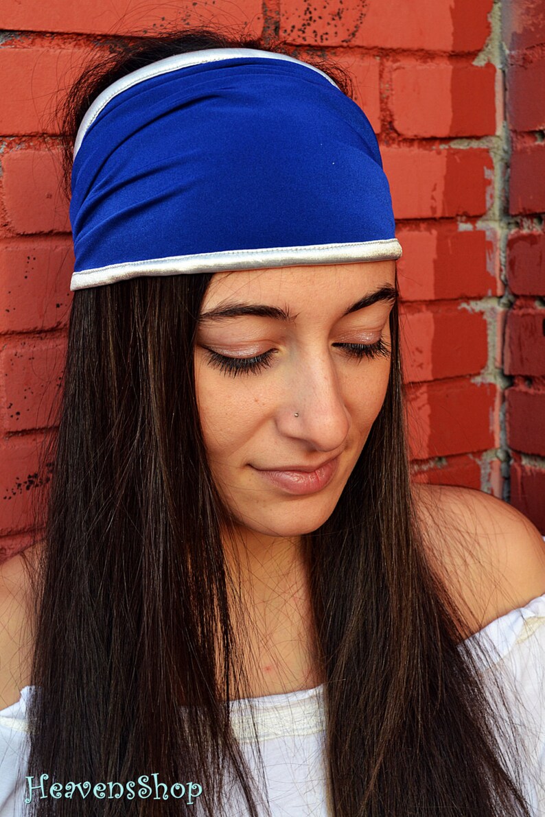 Elastic Wide Womens Blue Turban Headband For Workout Accessories T