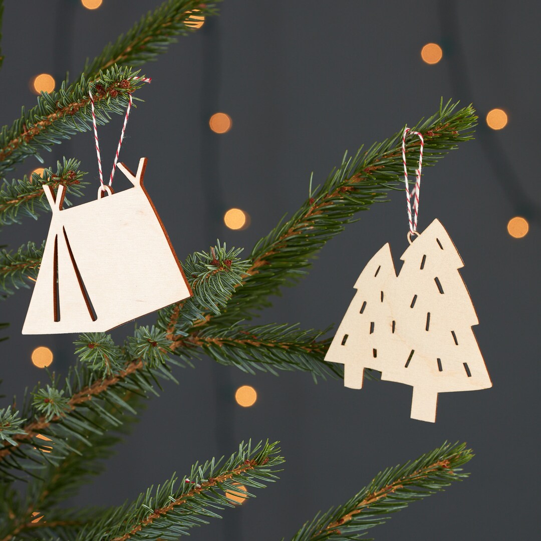 Camping Tent Tree Wooden Holiday Christmas Ornaments- Lasercut Birch ...