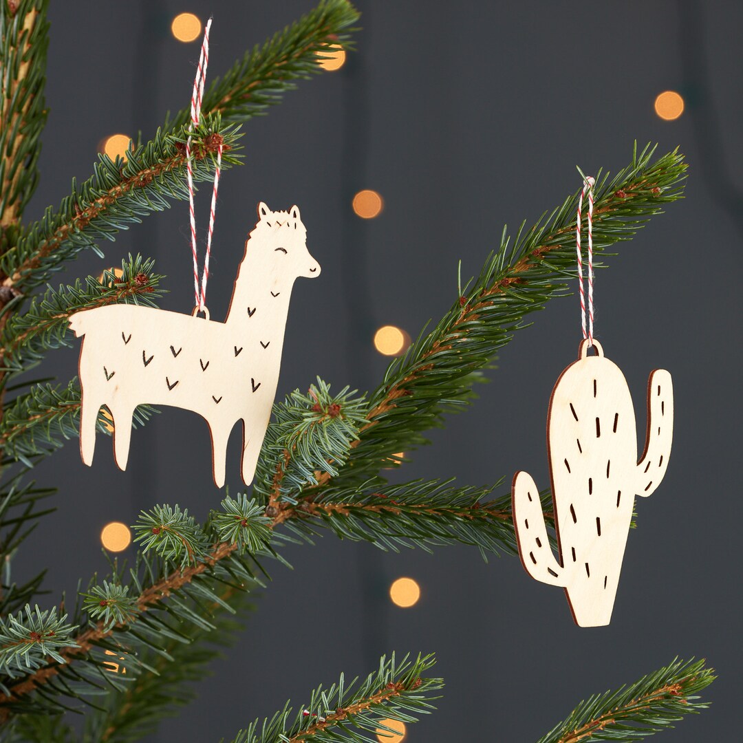 Llama Cactus Wooden Holiday Christmas Ornaments- Lasercut Birch Wood ...