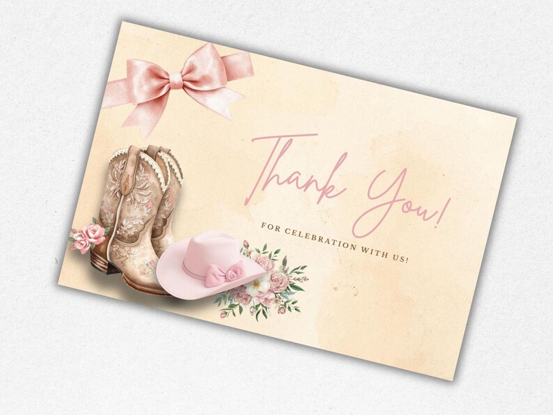Cowgirl Birthday Thank You Card | Boots & Bows, Western Theme (canva ...