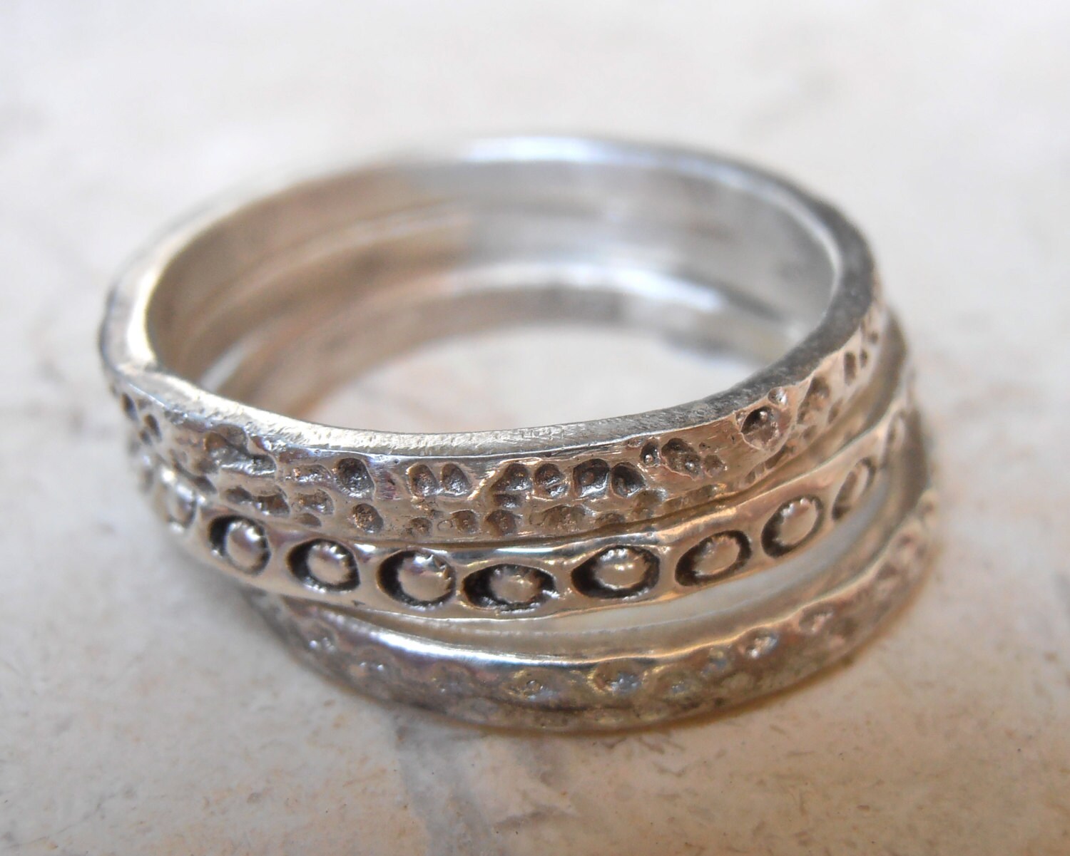 3 Rings Set Stackable Sterling Silver Bands Hand Carved - Etsy