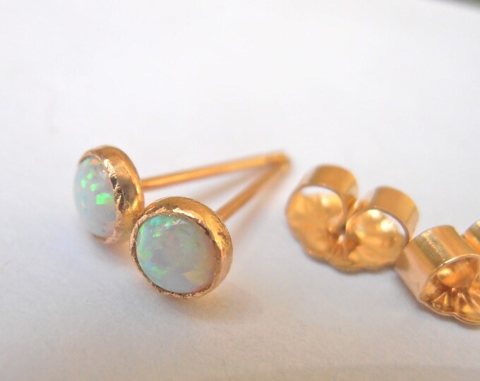 Iridescent White Opal Stud Earrings 4mm 14K Yellow Gold Filled ...