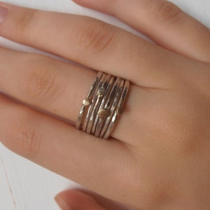 Bold Statement Silver / 14k Gold Pebble Stackable Rings Set - Etsy