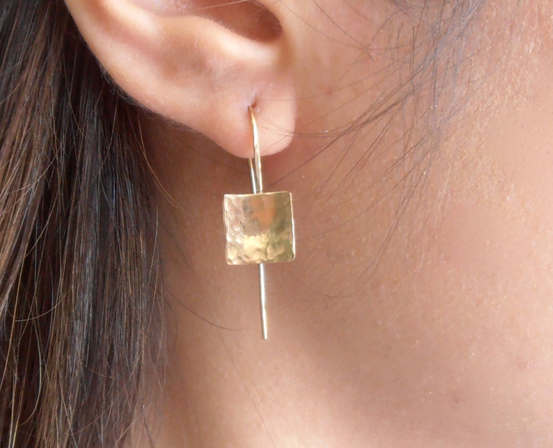 Classic Hammred Square Gold Earrings 14K GF Dangle Square Earrings - Etsy