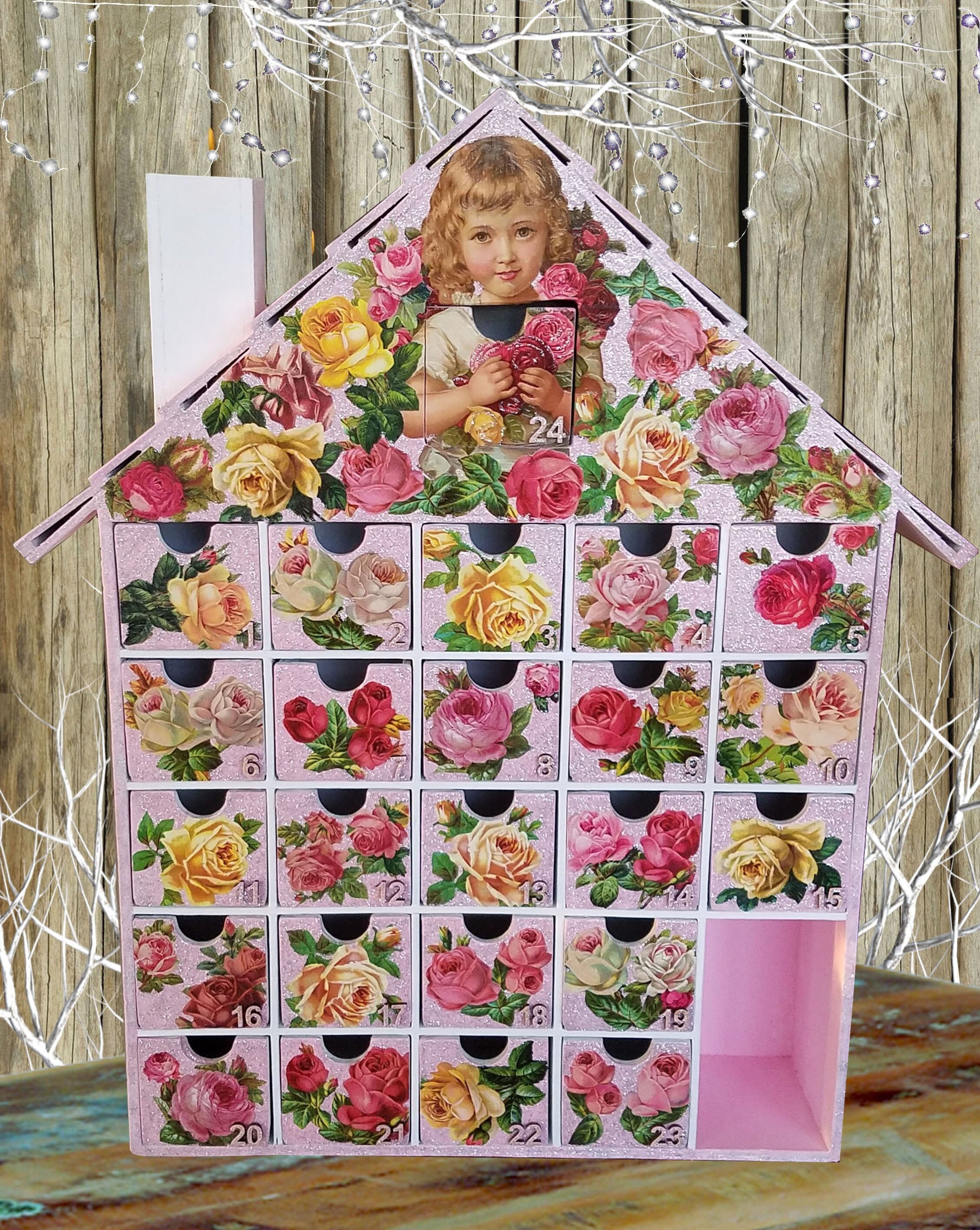 Flowers & Angels Pink Decoupage Wooden Advent Calendar - Etsy
