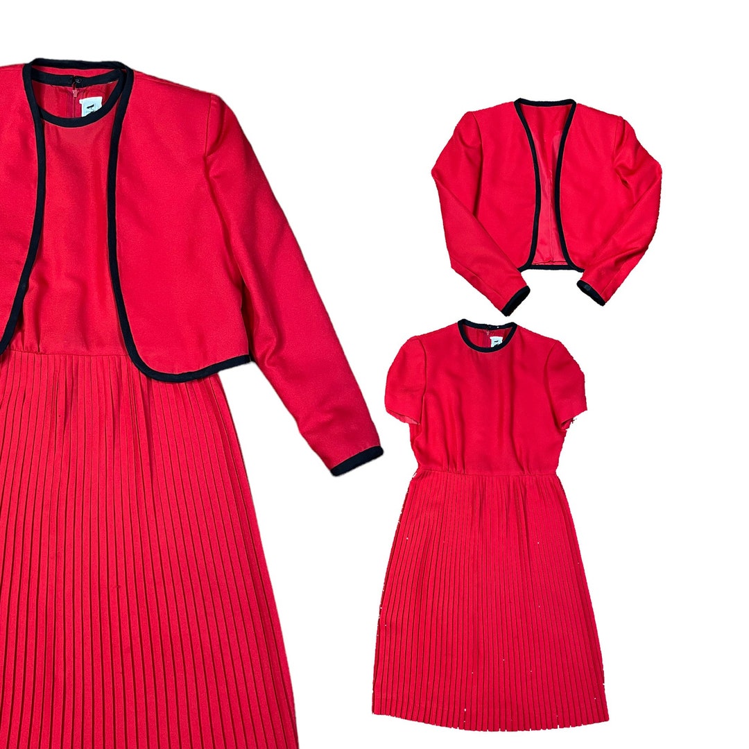 Cherry Red 60s Dress Set, Jackie O Style Mod Pleated Skirt and Jacket ...
