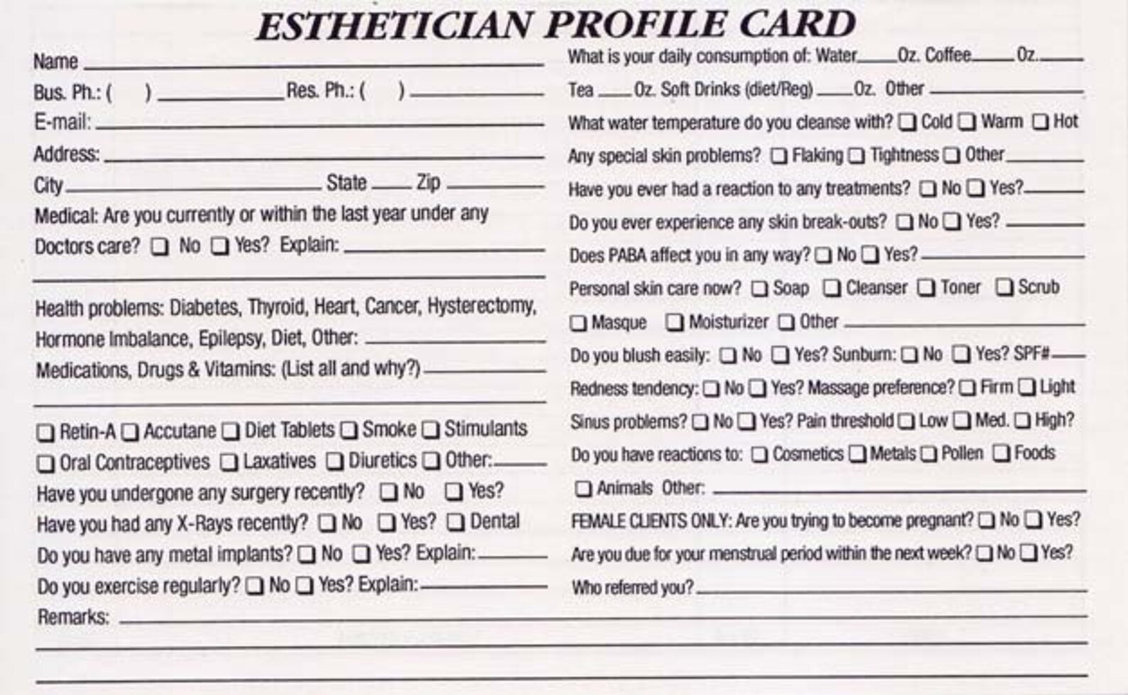 Esthetician Client Profile Cards Pack of 100 refills Only - Etsy