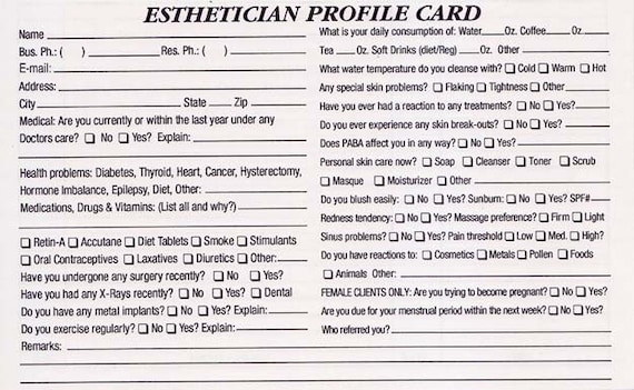 Esthetician Client Profile Cards Pack Of 100 Refills Only | Etsy