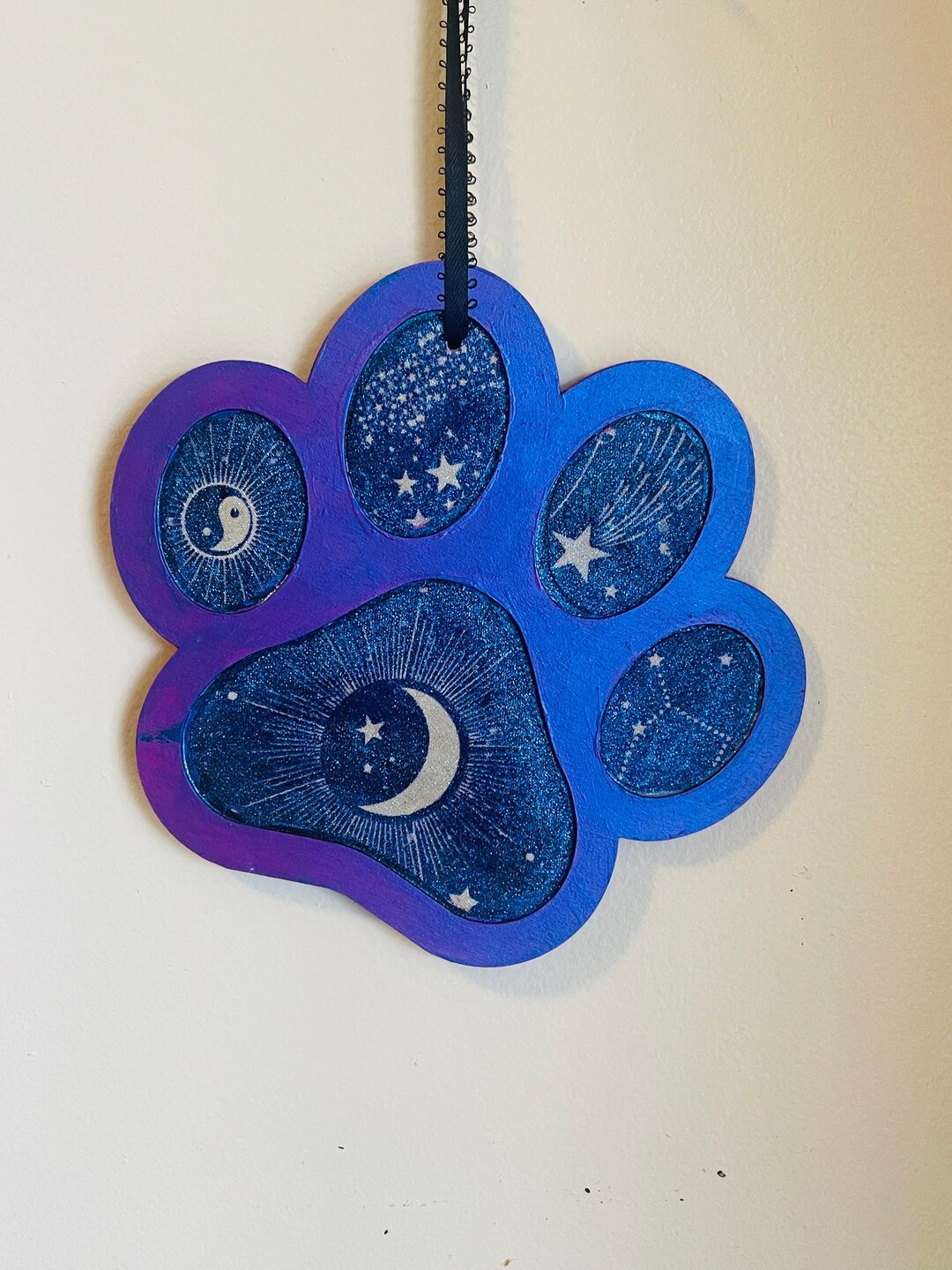 Celestial Sparkle Paw Print | Hand Painted and Decoupaged Wooden | Paw Wall Art | Celestial Wall ...