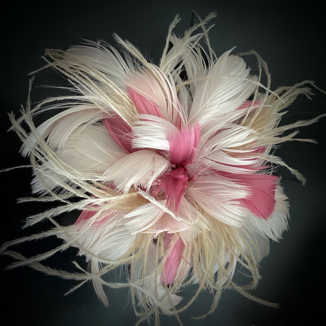 Large Pale Blush Pink Rose Tan Feather Fascinator Hair Clip Accessory ...