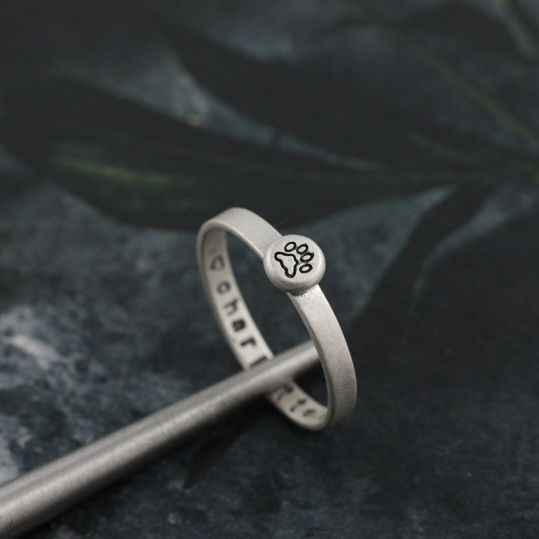 Dog Paw Sterling Silver Ring Dog Name Ring Puppy Mom Ring Hand Stamped ...