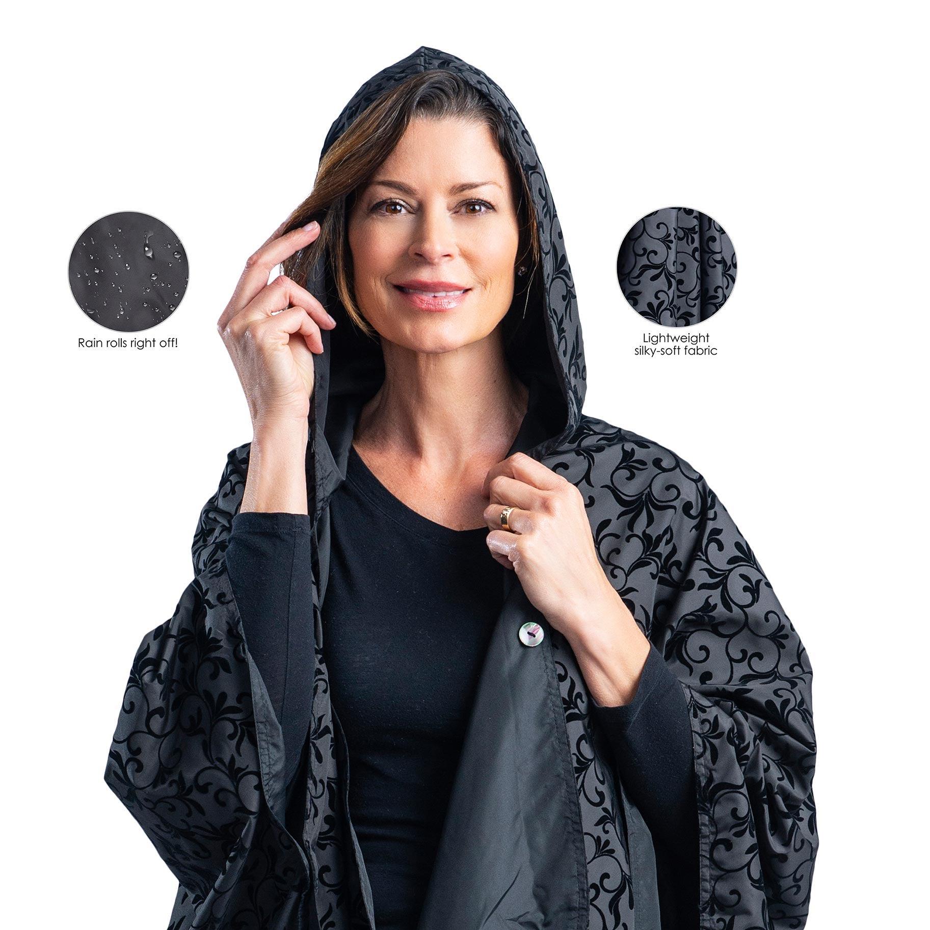 Black With Velvet Swirls Reversible Hooded Rain Cape – Lightweight ...