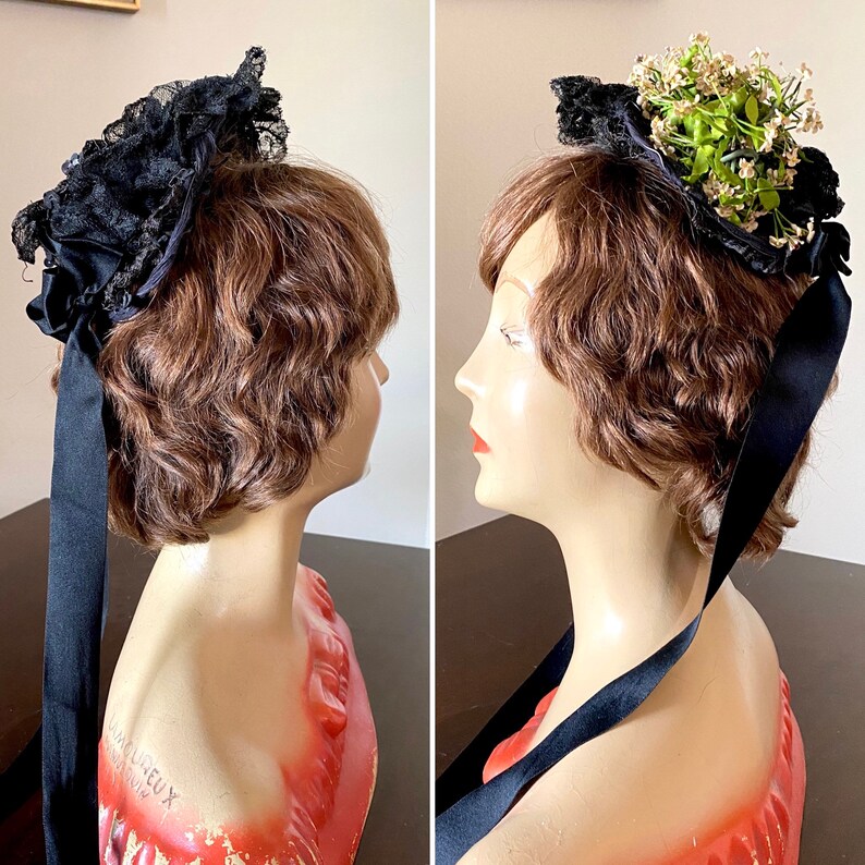 Antique Hat / Victorian Bonnet / 1890s Hat / Black Lace and - Etsy