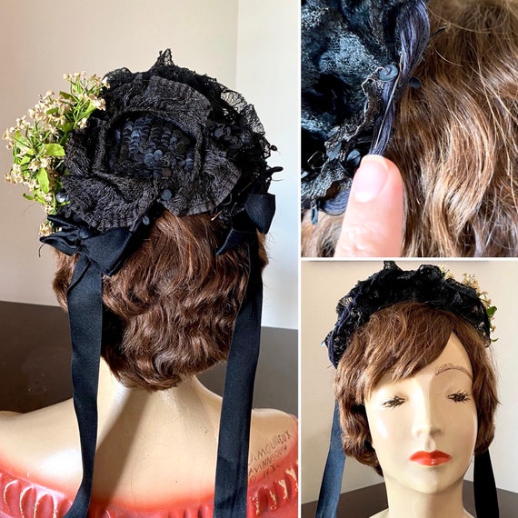Antique Hat / Victorian Bonnet / 1890s hat / Black la… - Gem