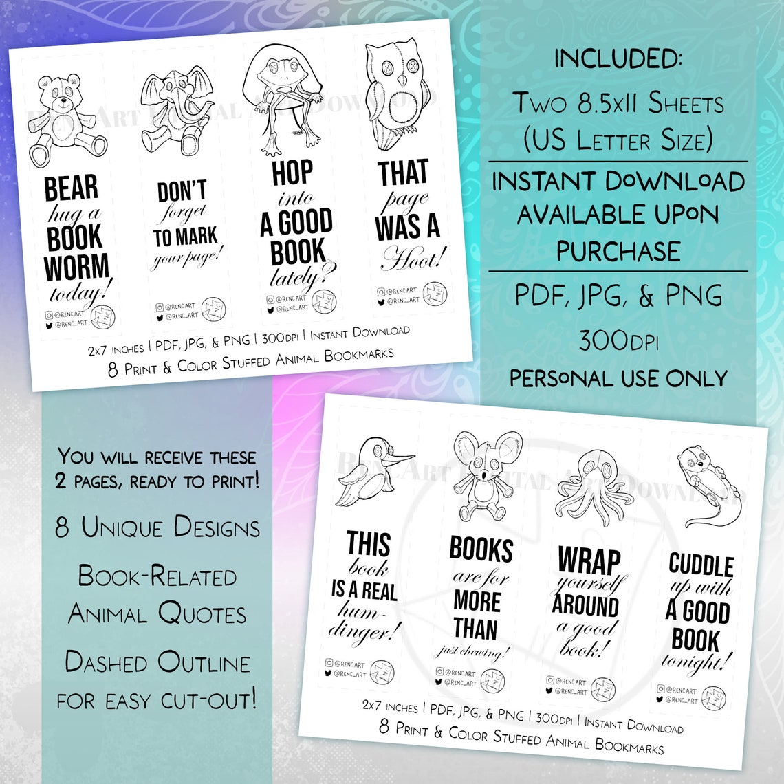 8 Print and Color Bookmarks - Stuffed Animal Designs - Digital Download ...