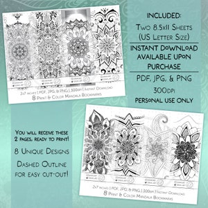8 Print and Color Bookmarks - Mandala Designs - Digital Download - Etsy