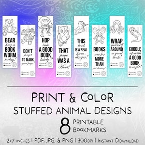 8 Print and Color Bookmarks - Stuffed Animal Designs - Digital Download ...