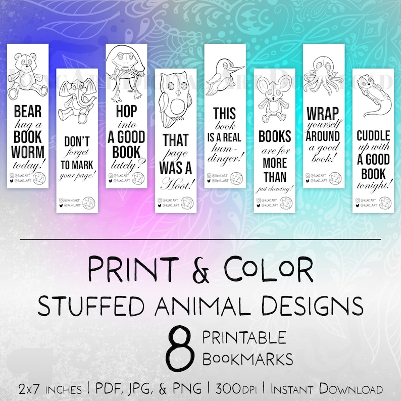 8 Print and Color Bookmarks - Stuffed Animal Designs - Digital Download ...