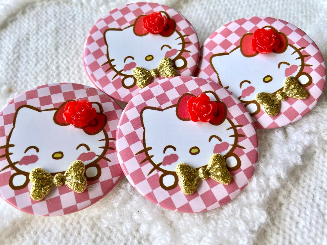 Hello Kitty Pinback Buttons: Red Rose & Gold Bow Embellished (1 3/4 ...
