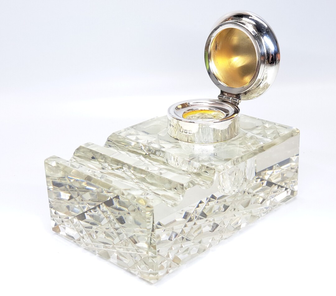 Vintage English Edwardian Style Cut Crystal Inkwell With Sterling ...