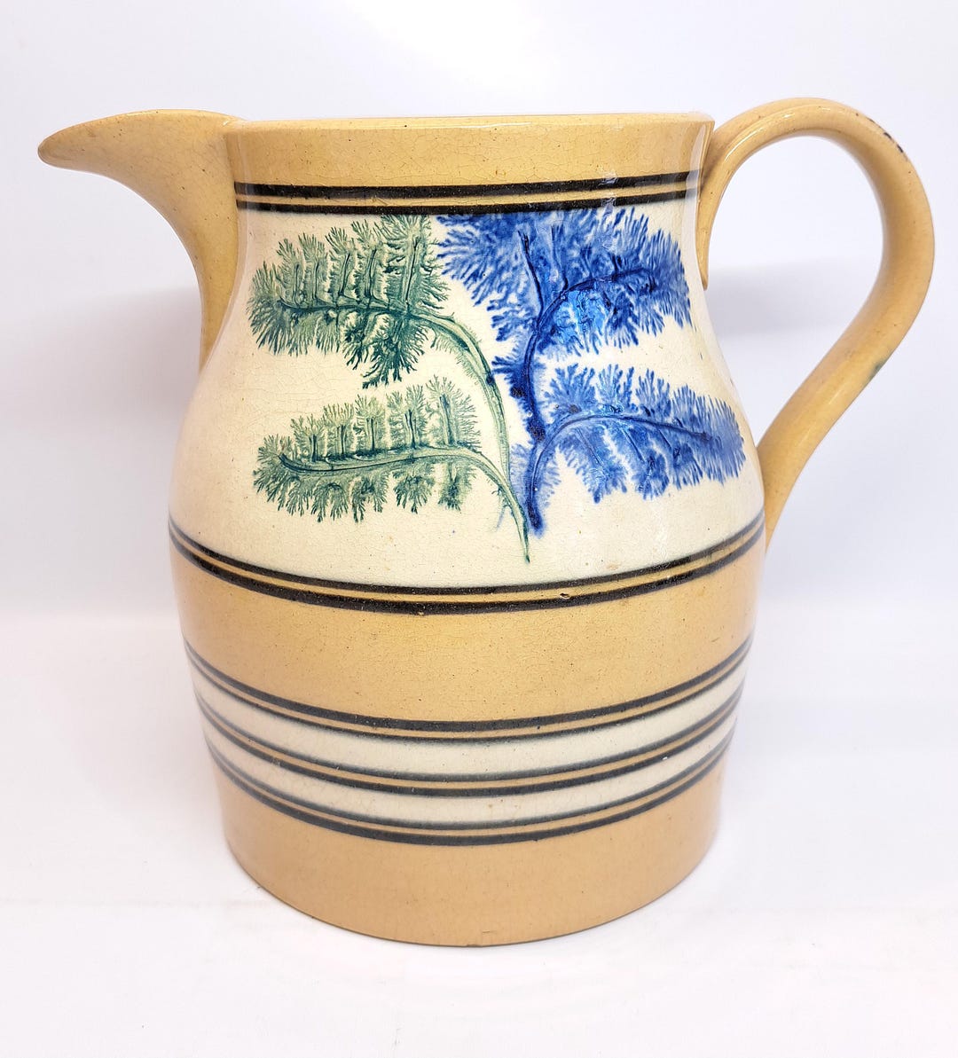 Rare Antique 1800s Large Mochaware Yellow Ware Pitcher With Black ...