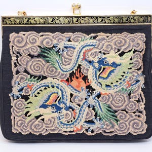 Vintage Chinese Dragon Tapestry Handbag Purse Black With Gold Trim ...