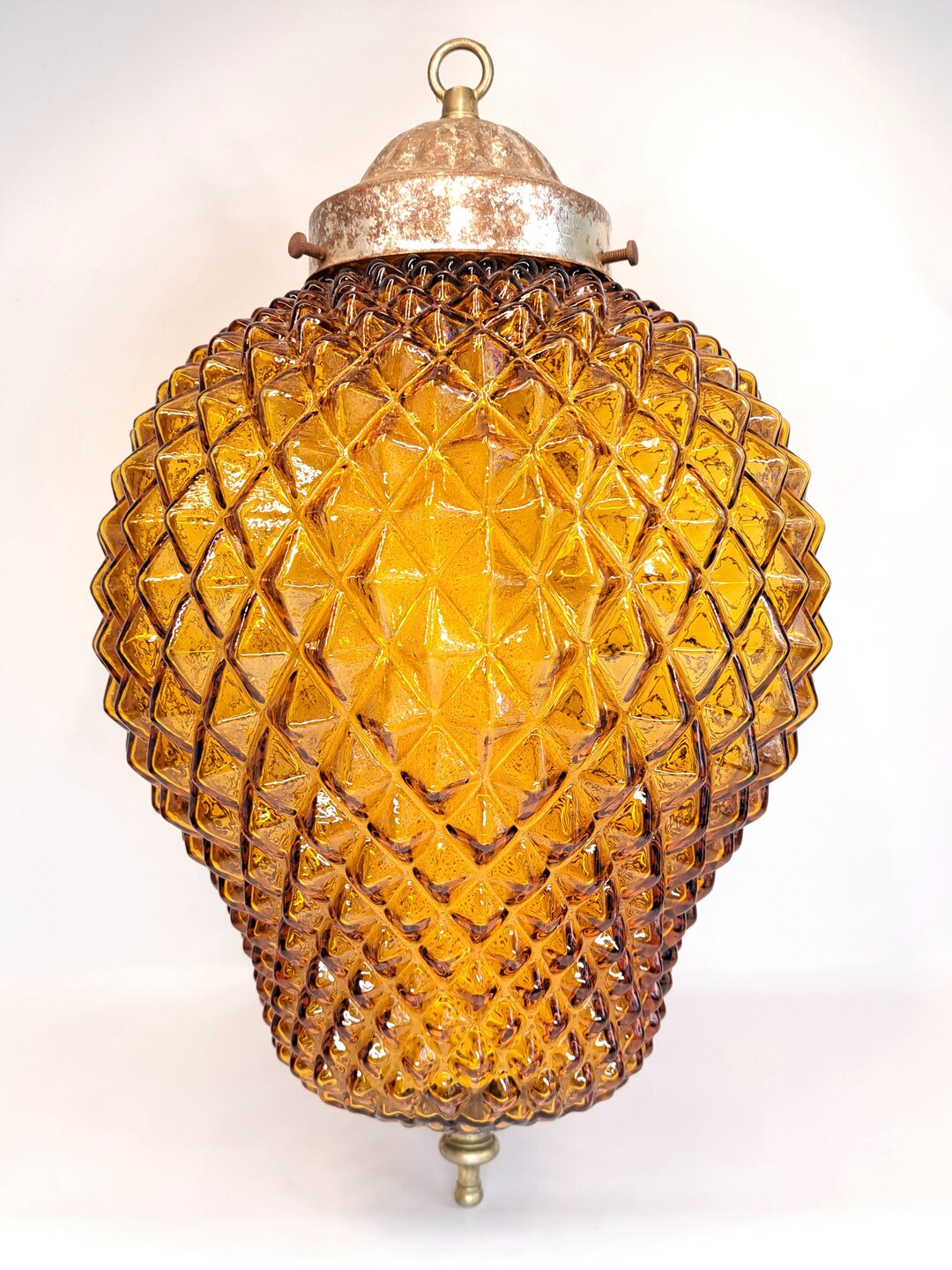 Vintage MCM Pineapple Amber Glass Hanging Swag Ceiling Pendant Light ...
