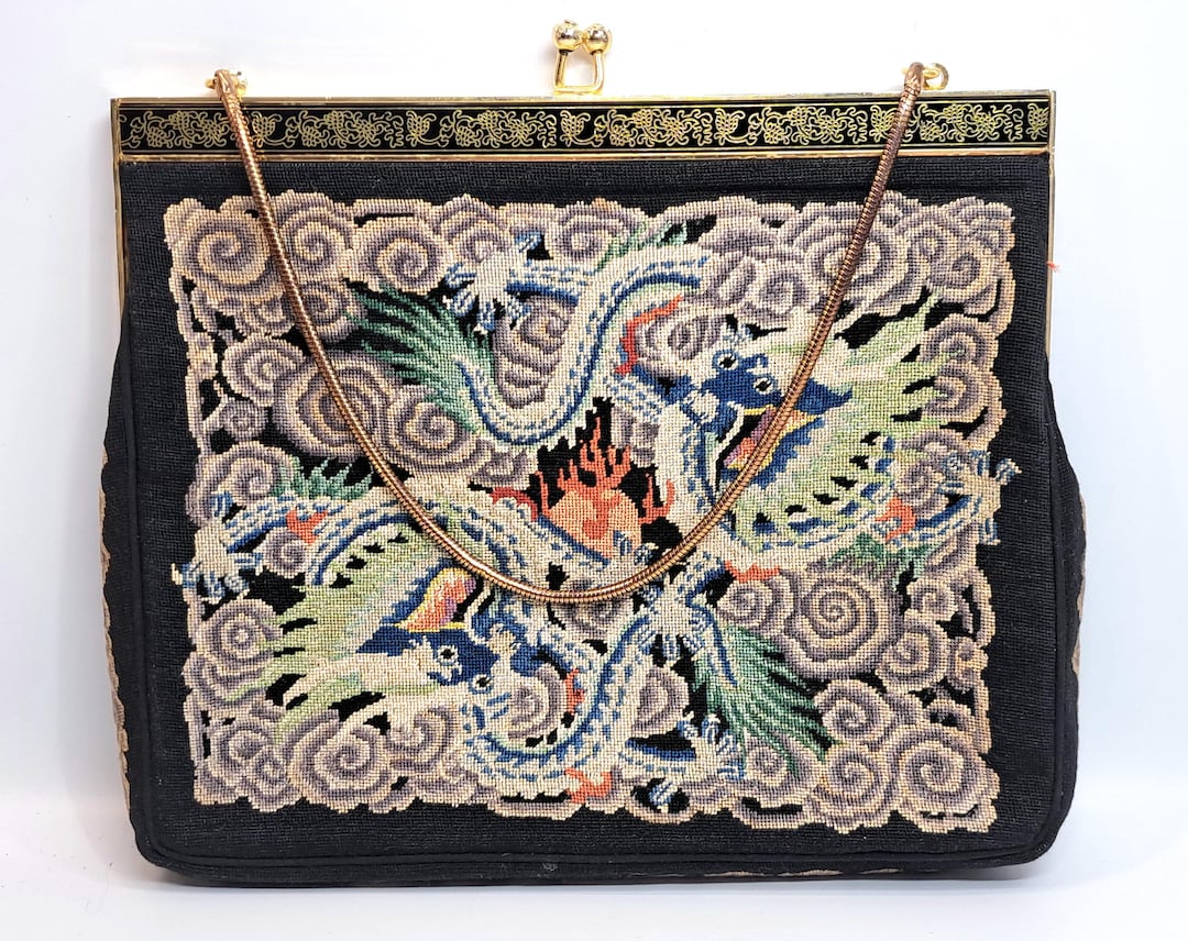 Vintage Chinese Dragon Tapestry Handbag Purse Black With Gold Trim ...