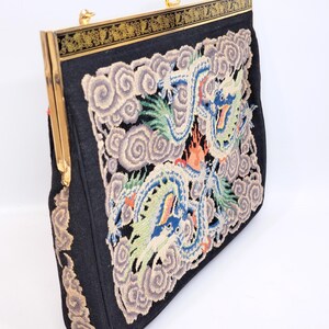 Vintage Chinese Dragon Tapestry Handbag Purse Black With Gold Trim ...