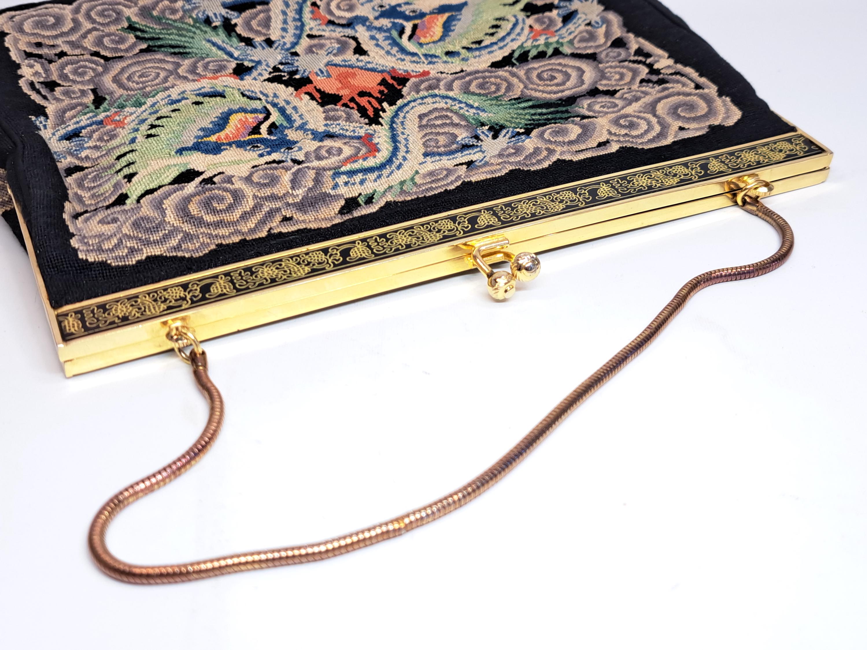 Vintage Chinese Dragon Tapestry Handbag Purse Black With Gold Trim ...