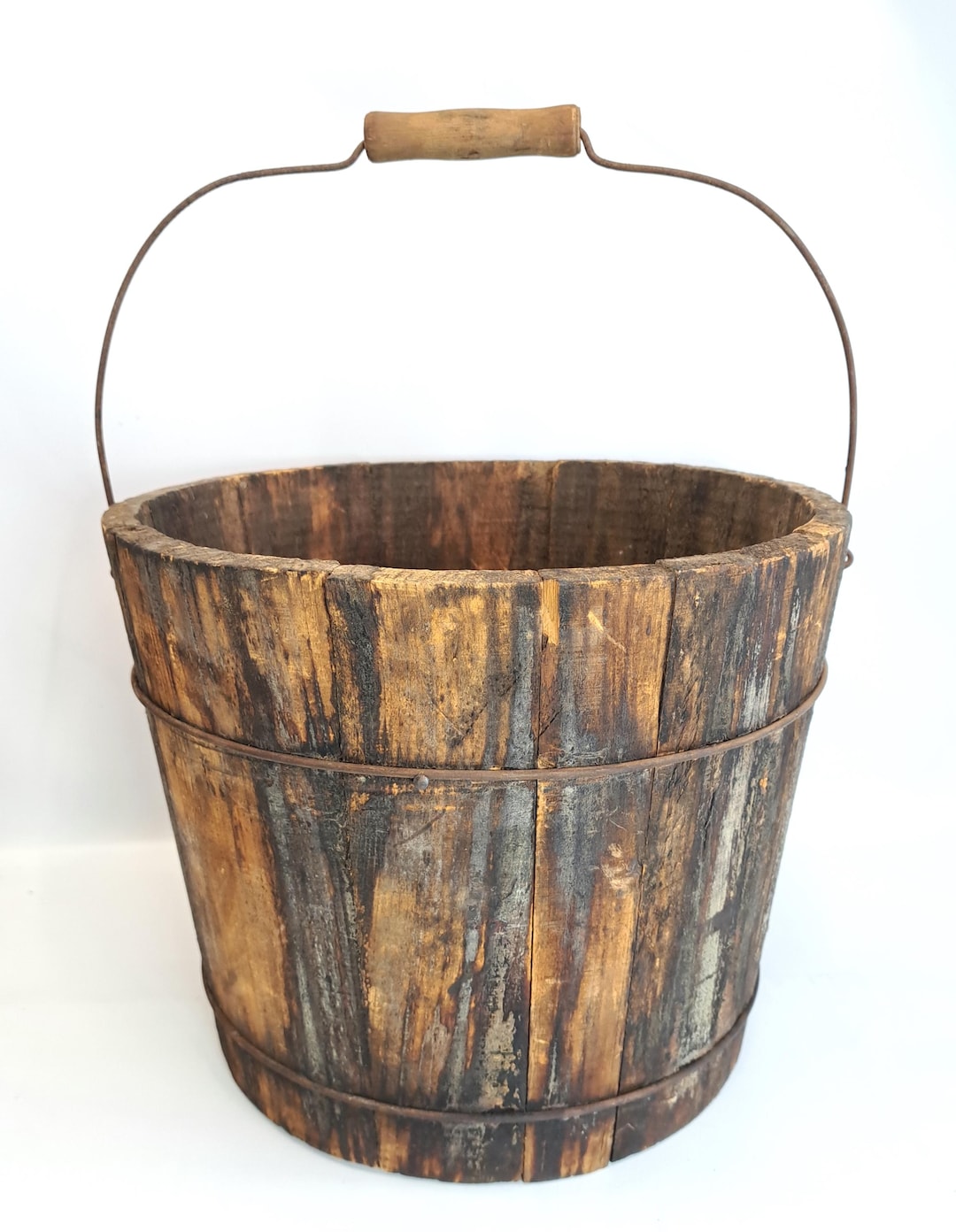 Antique Primitive Rustic Handmade Wooden Staved Wire Wrapped Bucket ...