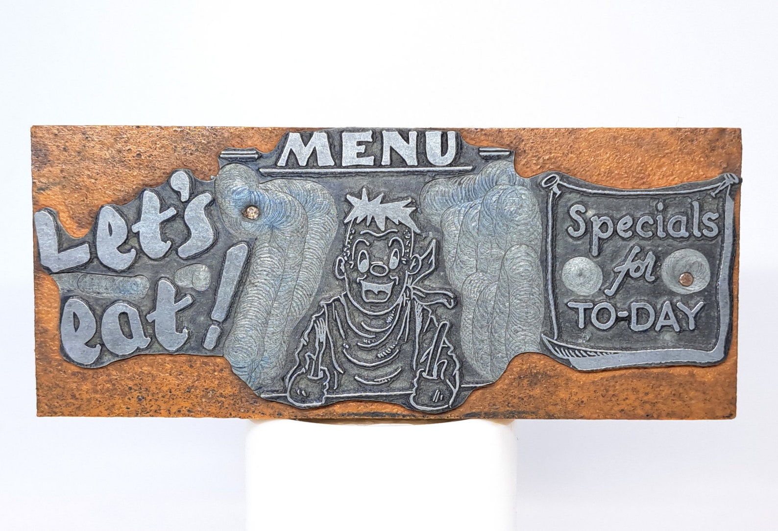 Vintage Menu Specials let's Eat Cartoon Copper & Wood Letterpress ...