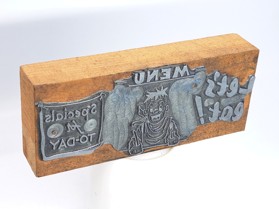 Vintage Menu Specials let's Eat Cartoon Copper & Wood Letterpress ...