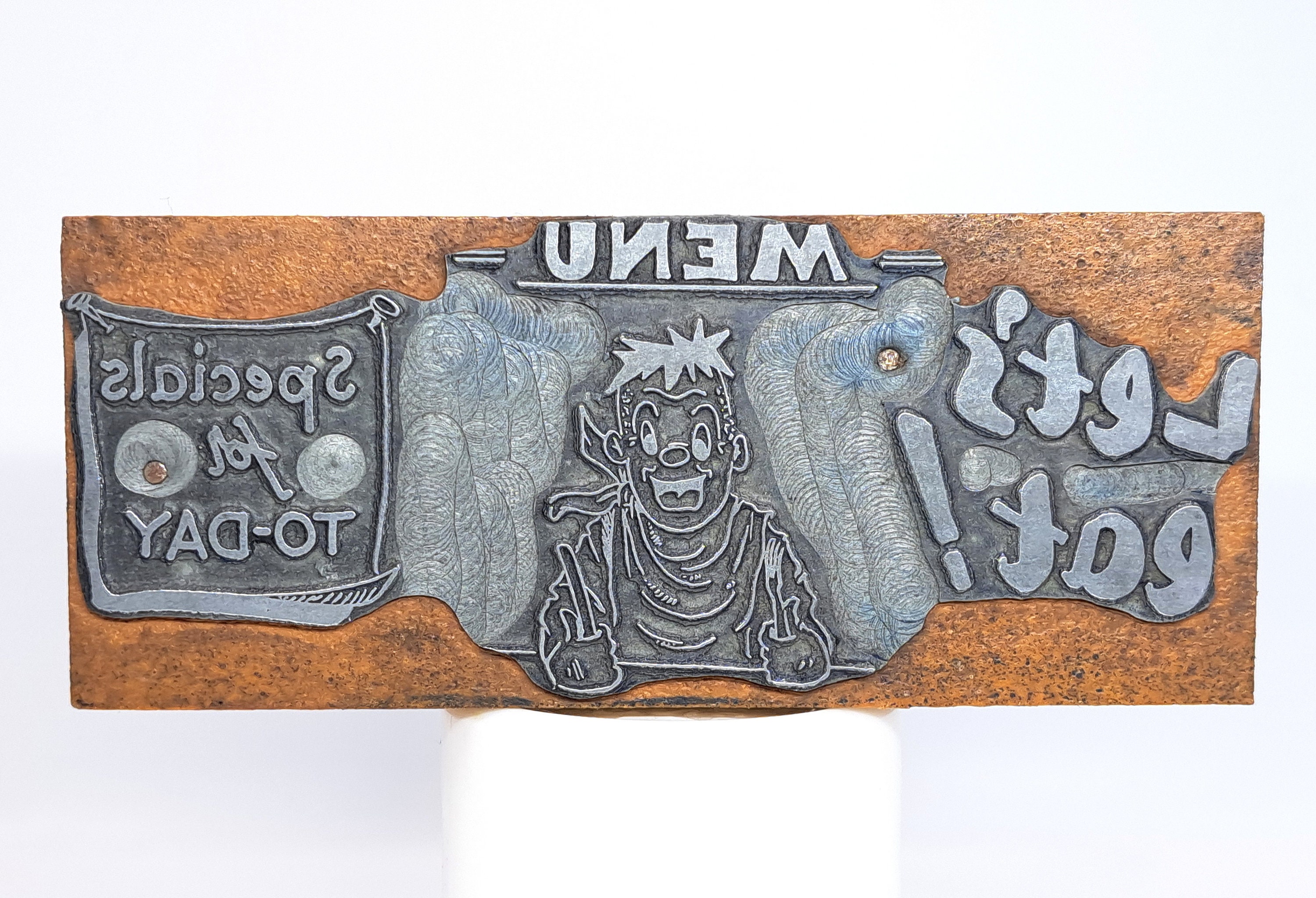 Vintage Menu Specials let's Eat Cartoon Copper & Wood Letterpress ...