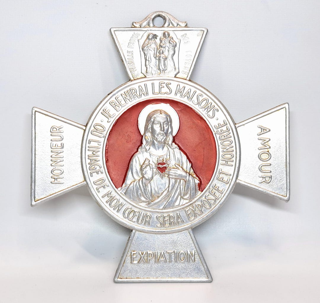 Vintage Embossed Aluminum Sacred Heart Religious Catholic Plaque Shrine ...