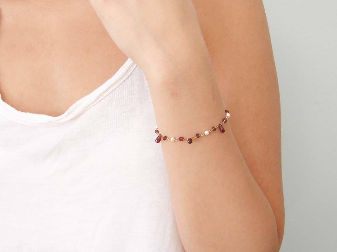 Garnet Bracelet ~ Garnet Teardrop and Pearl ~ Dainty Gemstone Bracelet ...