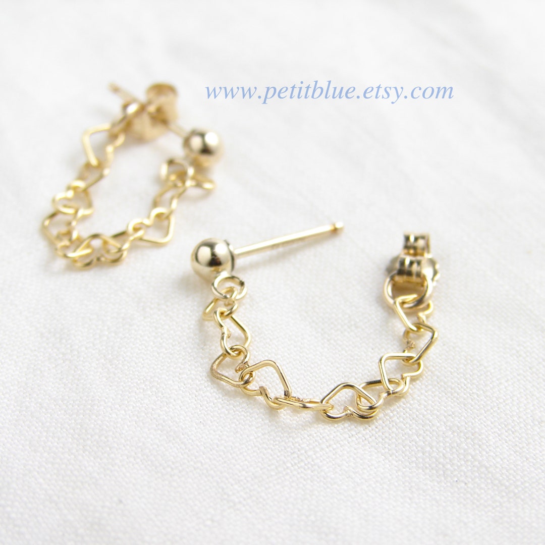 Heart Chain Earrings ~ Minimalist Earrings ~ 14K GF Dainty Heart Chain ...