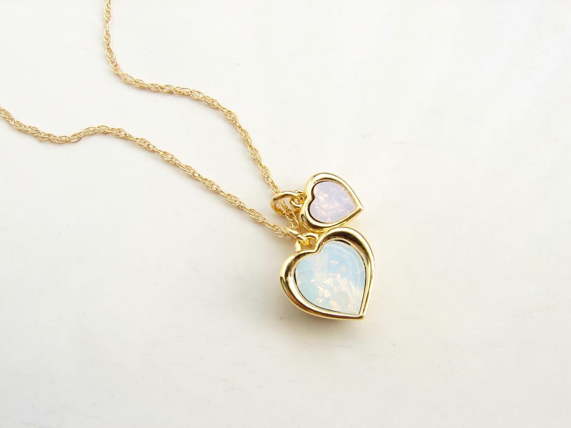 Twin Opal Heart Necklace White Opal and Rose Opal Heart | Etsy