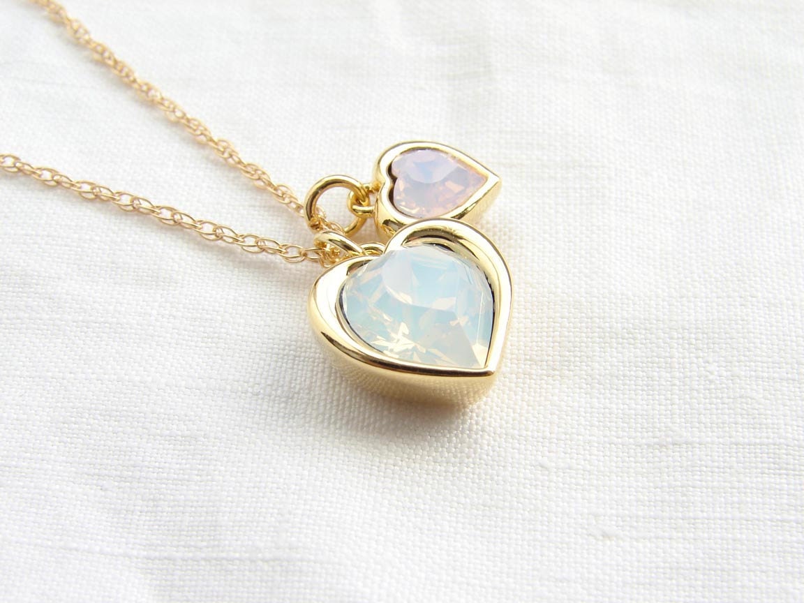 Twin Opal Heart Necklace White Opal and Rose Opal Heart | Etsy