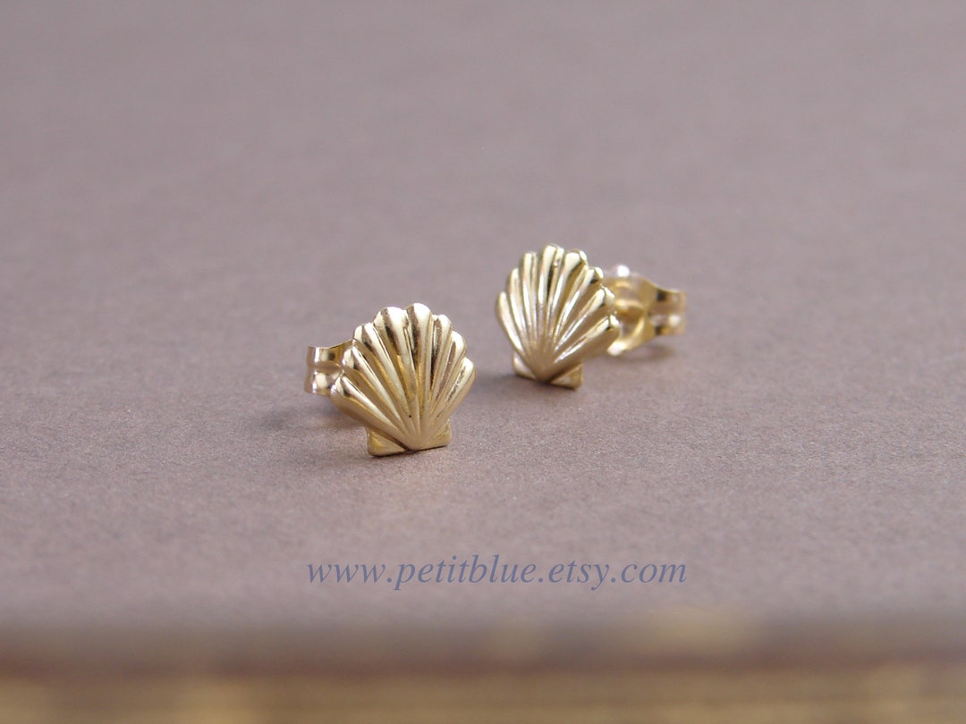 14K Solid Gold Teeny Tiny Seashell Earrings ~ Small Scallop Shell ~ Beach Fashion ~ Small Gold ...
