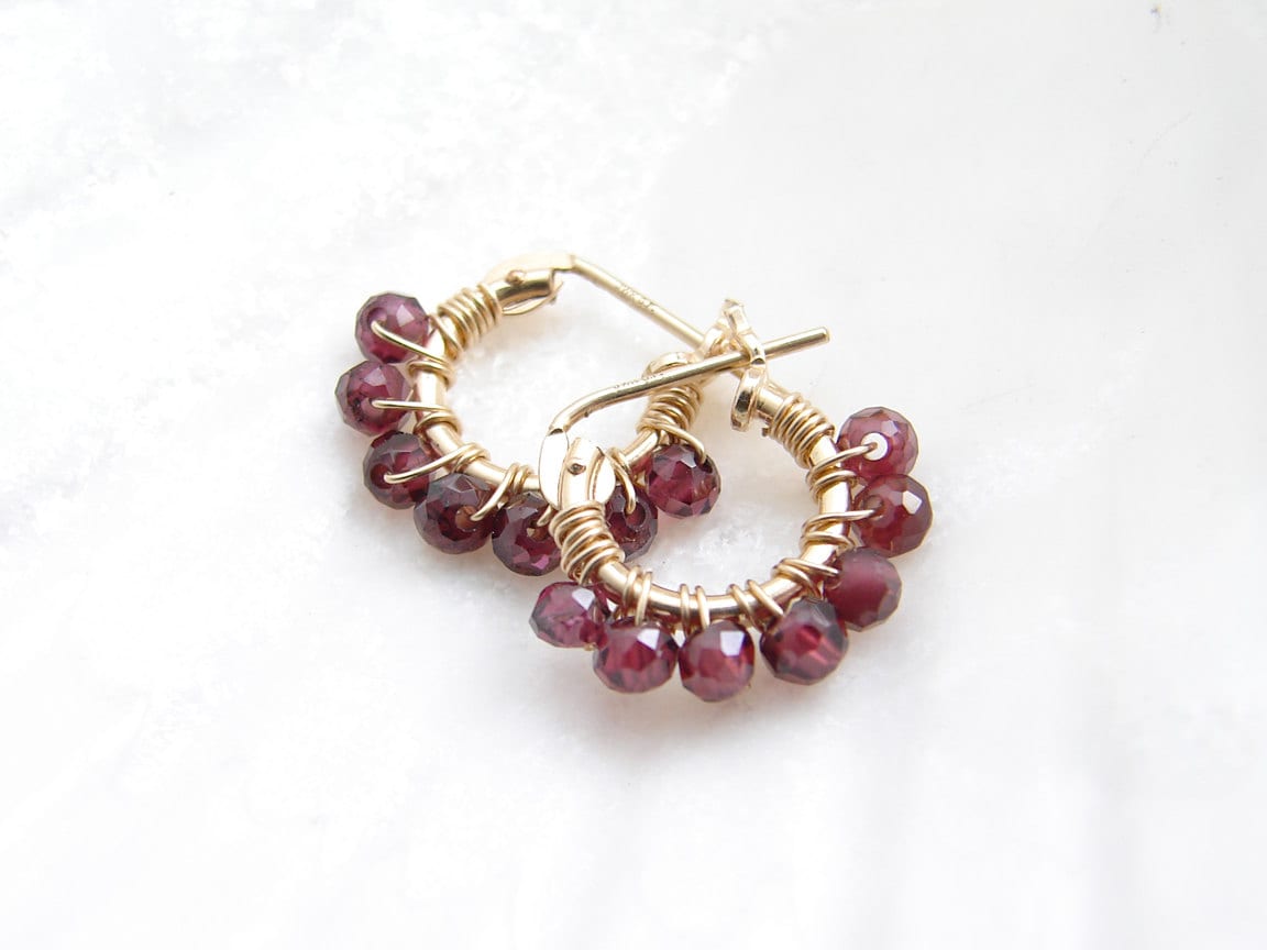 Garnet Hoop Earrings January Birthday Gold Filled Hoop - Etsy