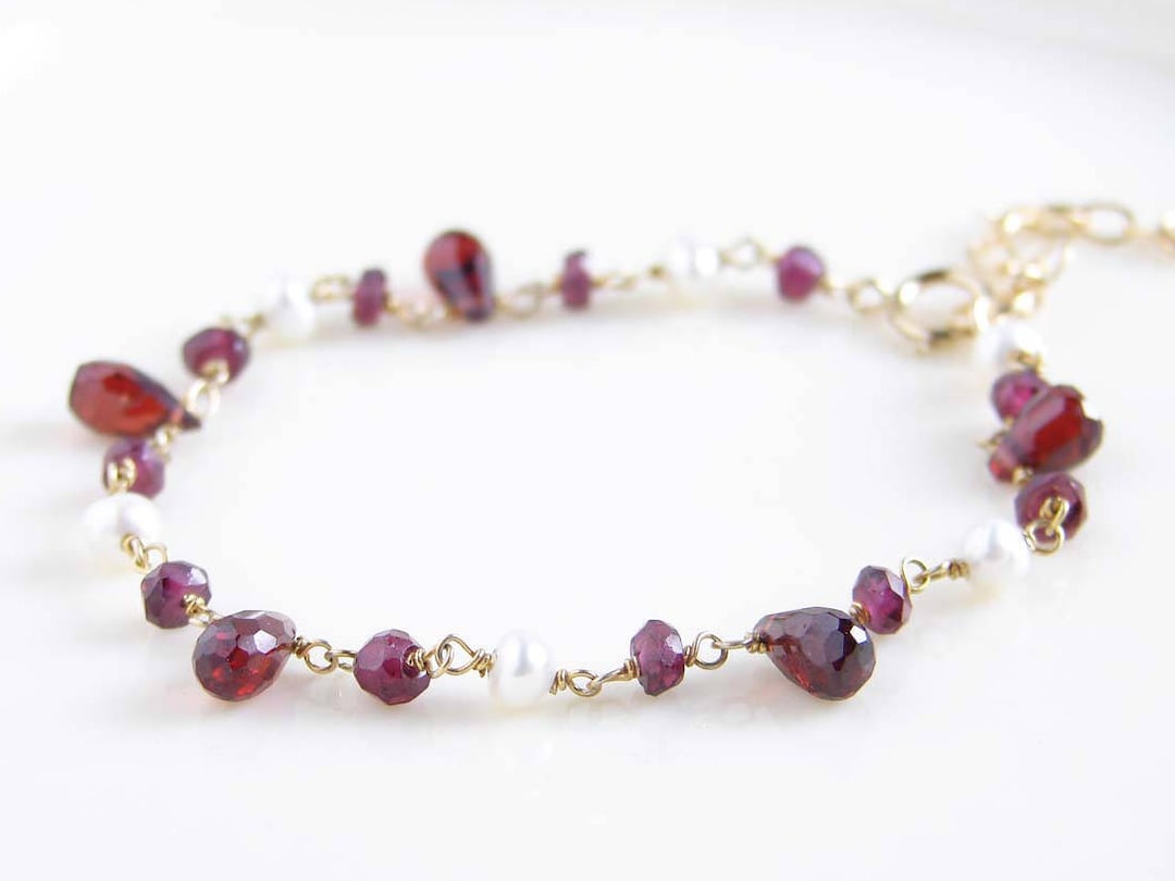 Garnet Bracelet ~ Garnet Teardrop and Pearl ~ Dainty Gemstone Bracelet ...