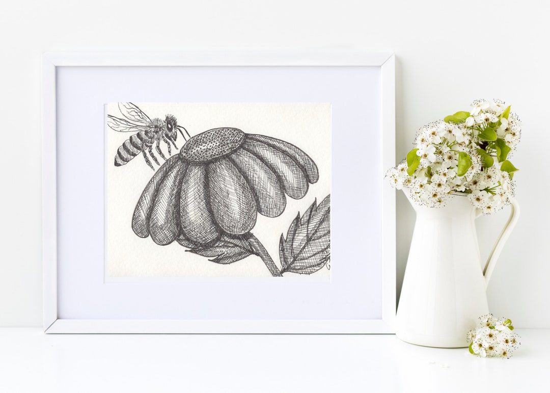 Digital Download - Pen & Ink Bee, Pen and Ink Flower, Flower Print ...